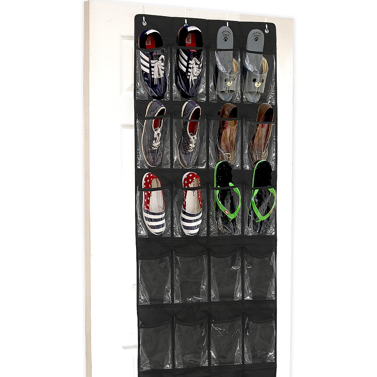 Simple Houseware 24 Pockets - Crystal Clear Over The Door Hanging Shoe Organizer, Black (64'' x 19'')