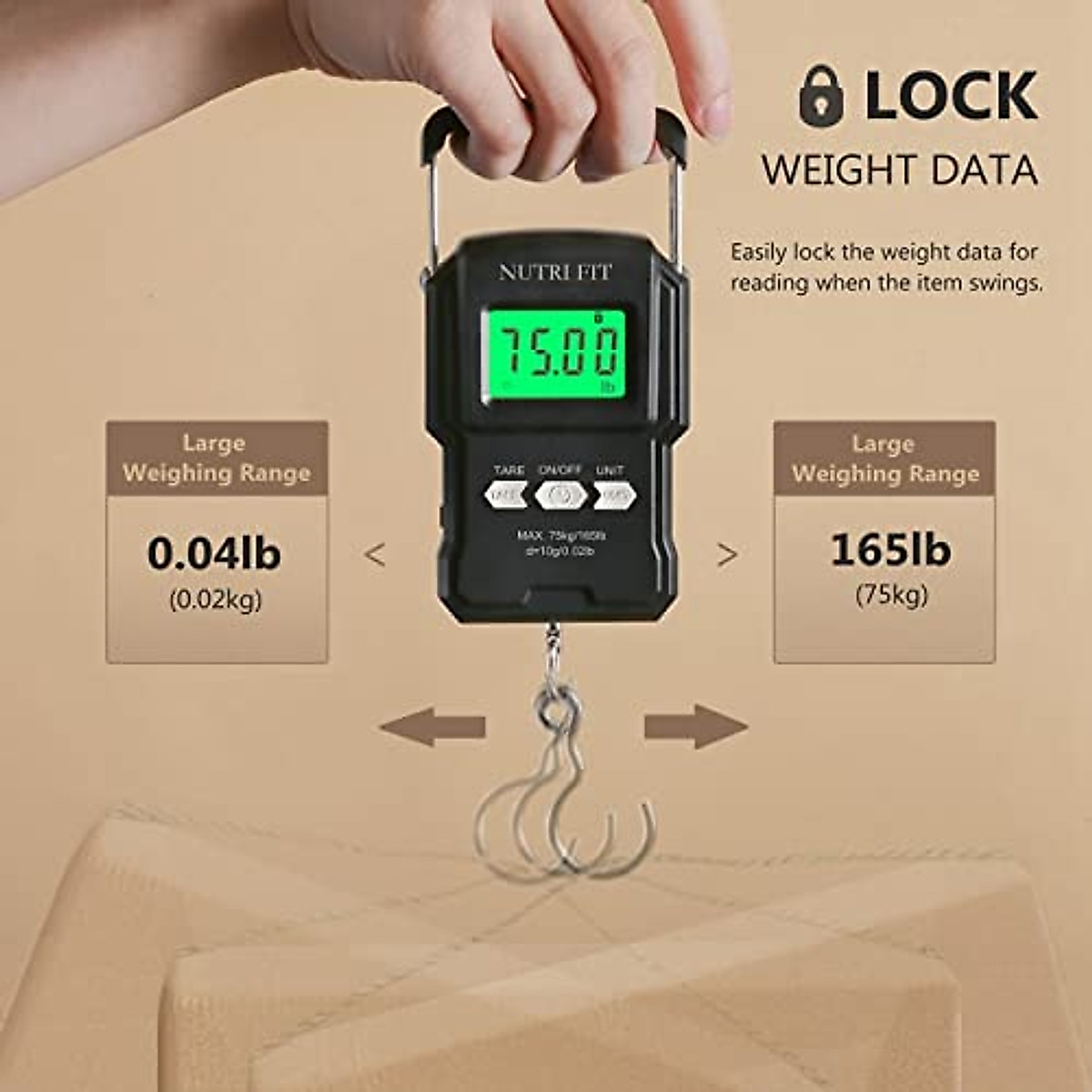 NUTRI FIT Luggage Weight Scale Fish Weighing Scales Digital Handheld Suitcase Weigher with Hook, 165lb/75kg with Measuring Tape for Travel, Fishing, Gifts