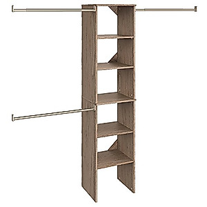 ClosetMaid SuiteSymphony Wood Closet Organizer Starter Kit with Tower and 3 Hang Rods Shelves, Adjustable, Fits Spaces 4 – 9 ft. Wide, Natural Gray, 16"
