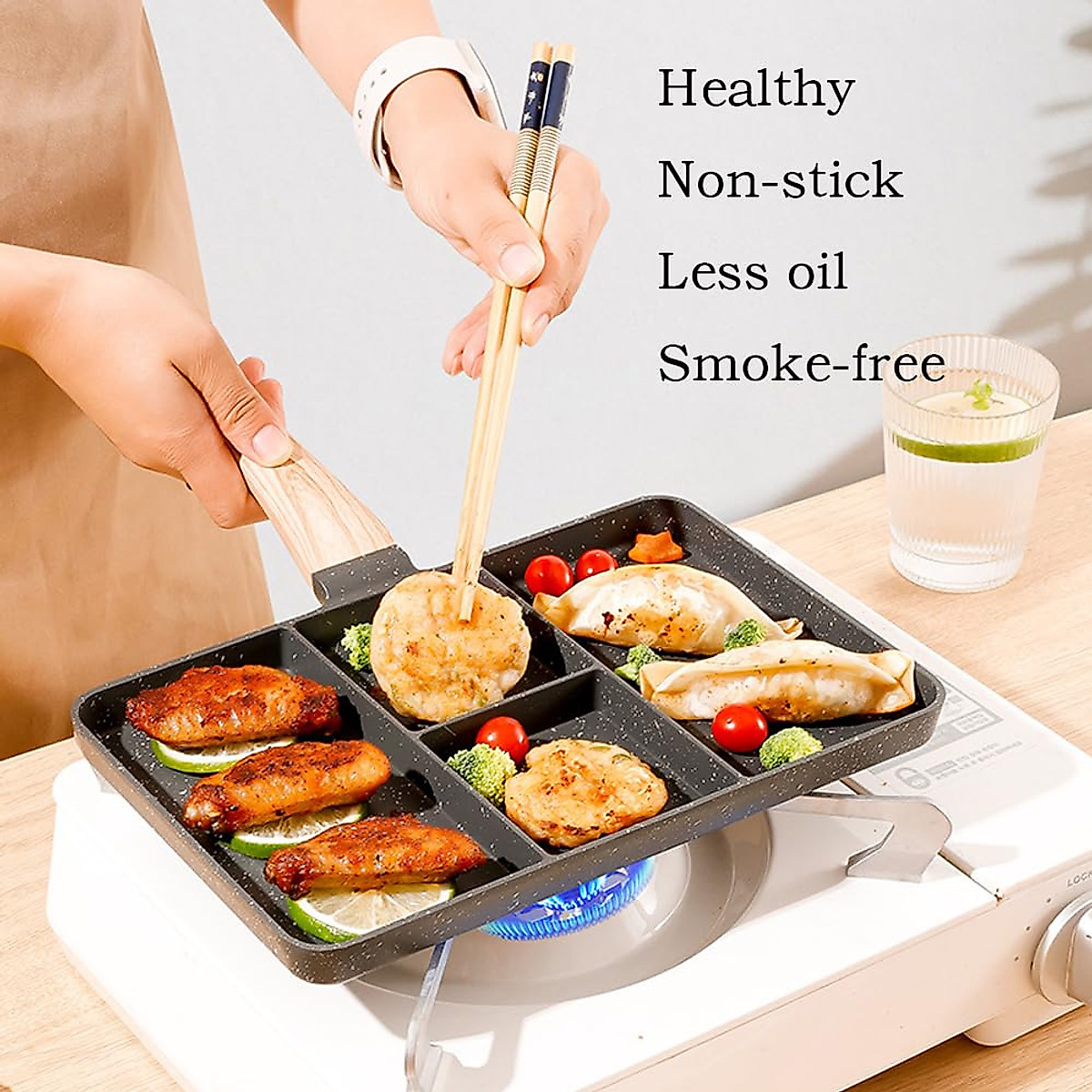 RHua Granite Coating Divided Non Stick Skillet, Less oil Smoke-free Breakfast Grill Pan, Egg Frying Non-stick Frypan, PFOA Free, Suitable for All Gas Stove Induction Cooker (Black)