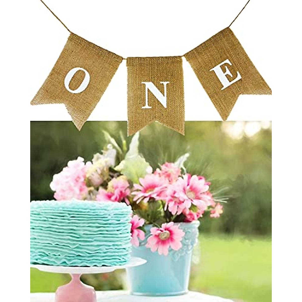 Shimmer Anna Shine First Birthday Banner ONE High Chair for Baby Boy and Girl and Anniversary Party Cake Decorations Burlap (White Print)