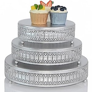 FEICTPOX Cake Stand Set of 3 Metal Cupcake Stands Dessert Display Plate for Wedding Party Birthday … (Silver)