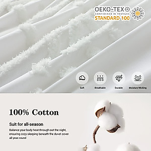 Simple&Opulence 100% Cotton Boho Tufted Duvet Cover Set, 3Pcs Textured Embroidery Comforter Cover Set -1 Duvet Cover&2 Pillowcases, Jacquard Shabby Chic Farmhouse Bedding for All Season(White, Queen)