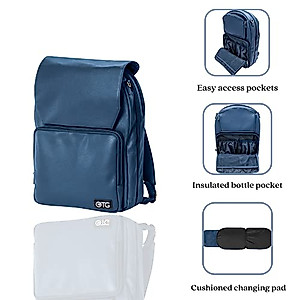 OTGBABY Diaper Bag Backpack with Changing Station, unique and functional mommy bag, premium vegan leather diaper bag with 7 storage compartments, Denim Blue