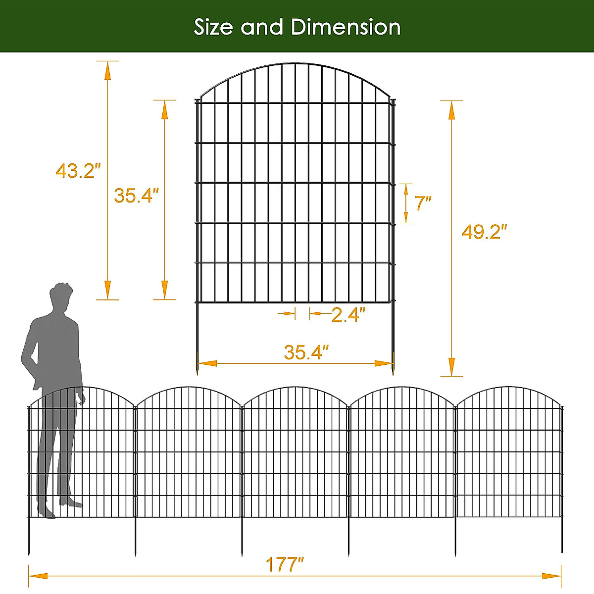 FOREHOGAR Decorative Metal Garden Fence Outdoor CTW3643, 43.2in H x 14.75 ft L, No Dig Temporary Dog Fence Border Fencing for Yard Patio Landscape Flower Bed,5 Panels + 6 Stakes, Black