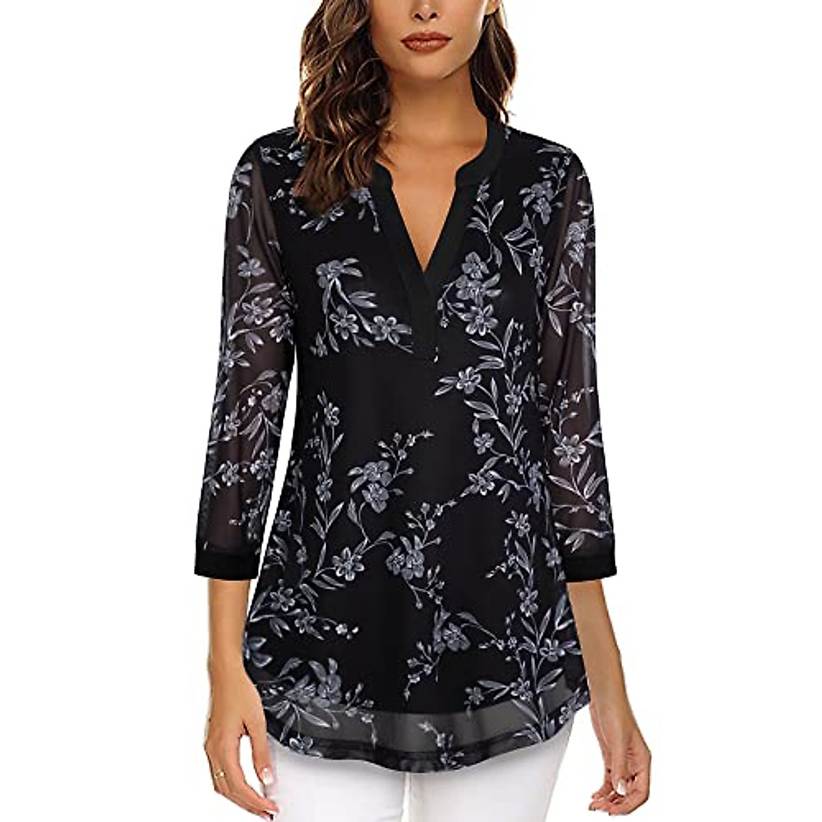 Timeson Ladies Tops and Blouses,3/4 Sleeve Tops for Women V Neck Blouses for Women Dressy Tunic Tops to Wear with Leggings Business Attire Office Interview Work Professional Dress Shirts Black Large