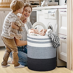 WOWBOX Cotton Rope Laundry Hamper, Large Laundry Basket, Dirty Clothes Storage Basket Laundry Bin for Blanket, Bedroom, Dorm, Towels, Toys (Grey, 58L)