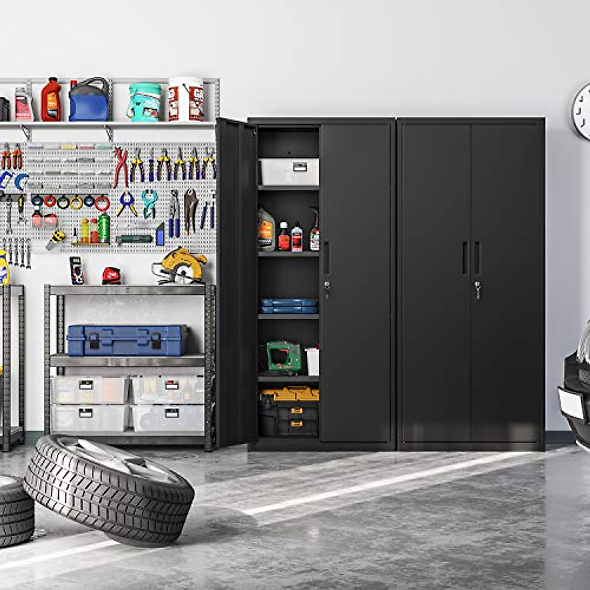 SONGMICS Garage Cabinet, Metal Storage Cabinet with Doors and Shelves, Office Cabinet for Home Office, Garage and Utility Room, Black UOMC015B01
