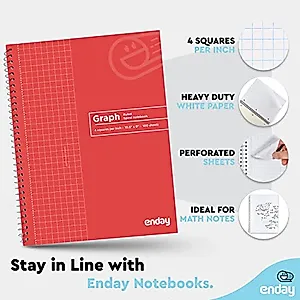 Graph Paper Notebook Quad Ruled Spiral Grid Notebook PACK Of 4 White Paper 100 Sheets Assorted Colors Wire Bound Graphing Books - by Emraw