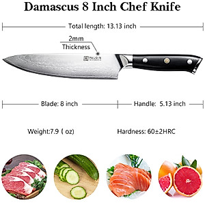 PAUDIN Damascus Chef Knife, 8 Inch Kitchen Knife, Japanese 67-layer VG-10 Stainless Steel Sharp Knife, Professional Chefs Knife with Ergonomic G10 Handle, for Home Kitchen and Restaurant