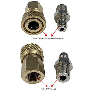 Universal 1/8 NPT female connector and 8mm quick disconnect plug adapter for PCP paintball charging accessories with air compressor sealing O-ring.
