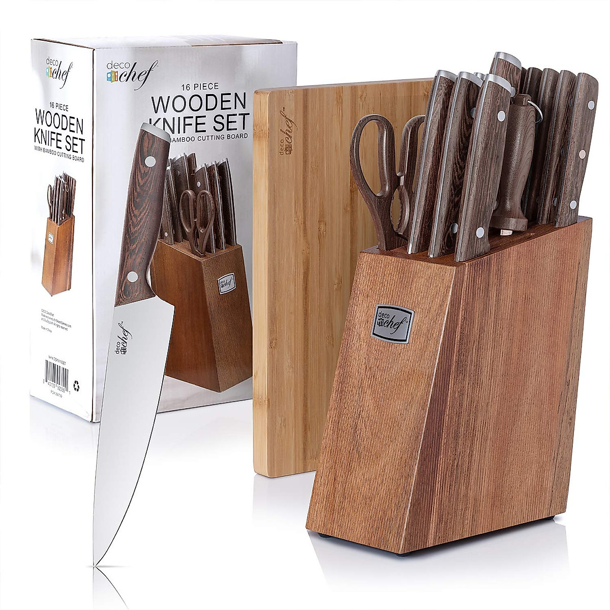 Deco Chef 16 Piece Kitchen Knife Set Stainless Steel with Wood Handles, 8" Chef Knife, 6.5" Cleaver, 8" Bread Knife, 8" Slicing Knife, 4.5" Paring Knife, 6pcs Steak Knives, Kitchen Shears, and more
