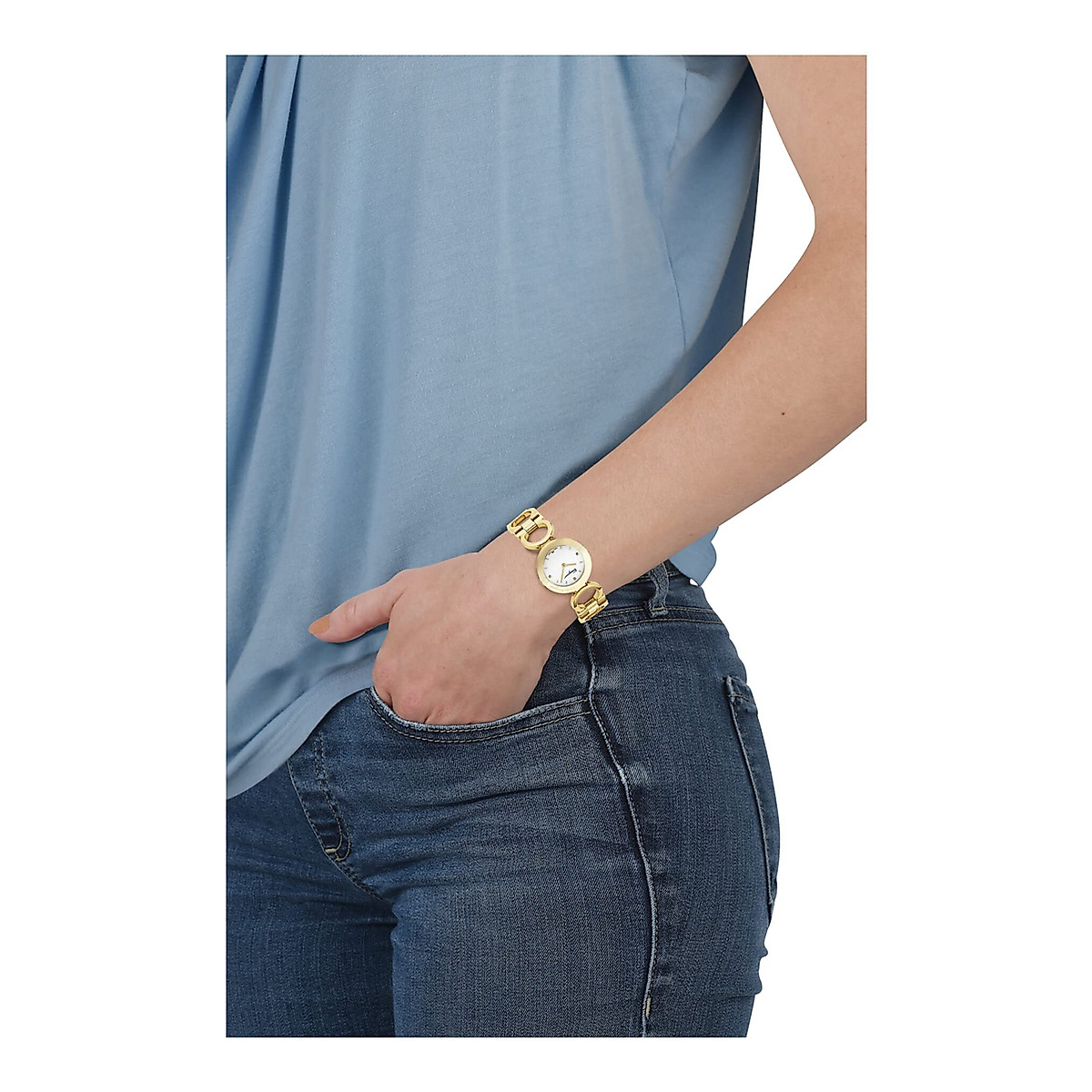 Ferragamo Gancino Collection Luxury Womens Watch Timepiece with a Gold Bracelet Featuring a Gold Case and White Dial