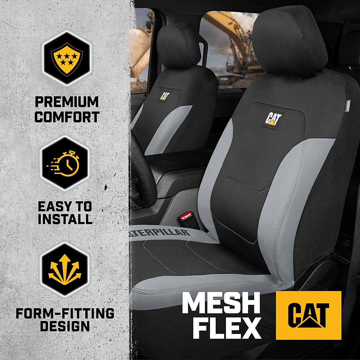 Caterpillar Flexfit Automotive Seat Covers for Cars Trucks and SUVs (Set of 2) – Black Seat Covers for Front Seats, Seat Protectors with Gray Honeycomb Trim, Auto Interior Covers