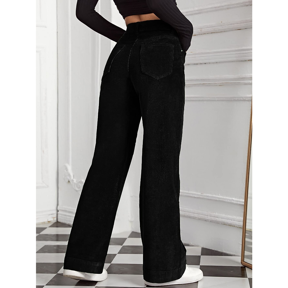 Floerns Women's Hight Waist Corduroy Velvet Slant Pocket Wide Leg Pants Black L