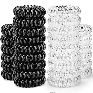 TailaiMei 30 Pcs Spiral Hair Ties, No Crease Coil Hair Ties, Phone Cord Hair Ties for Thick Hair - Women Ponytail Holder Elastics(Black&Transparent)