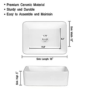 KGAR Ceramic Vessel Sink Rectangle Bathroom Sink Above Counter 16'' x 12'' Porcelain Sink Bowl, White