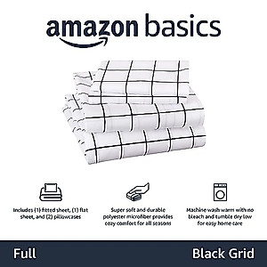 Amazon Basics Soft Microfiber 4-Piece Bed Sheet Set with Elastic Side Pockets, Full, Black Grid, Geometric