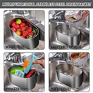 Stainless Steel Sink Drain Strainer Basket, Multifunctional Hanging Sink Strainer Colander Drain Basket for Filter Food Waste and Wash Fruits or Vegetables (Silver)