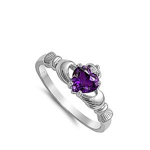 Simulated Amethyst Heart Claddagh Friendship Ring .925 Sterling Silver Band Size 6