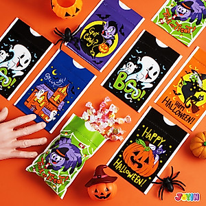 JOYIN 60 Pcs Halloween Drawstring Treat Bags, Goodie Candy Trick or Treat Bags Bulk, 6 Design Goody Bags for Trick or Treating, Small Plastic Snack Gifts Bags for Kids Halloween Party Favors Supplies