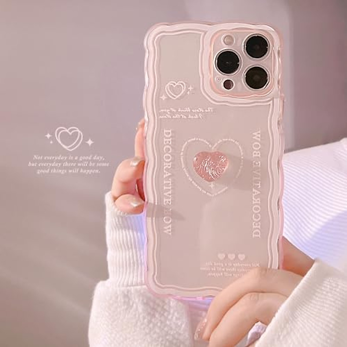 Ownest Compatible for iPhone 12 Mini Cute 3D Pink Heart Slim Clear Aesthetic Design Women Teen Girls Camera Lens Protection Phone Cases Cover+Pink Phone Charm
