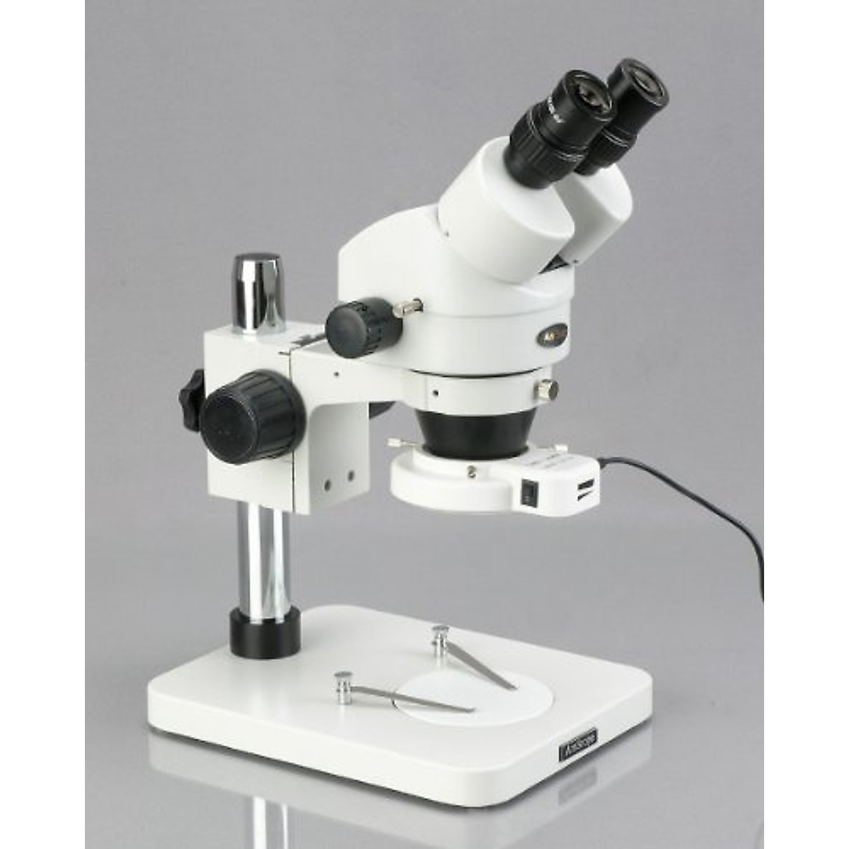 AmScope SM-1BS-64S Professional Binocular Stereo Zoom Microscope, WH10x Eyepieces, 7X-45X Magnification, 0.7X-4.5X Zoom Objective, 64-Bulb LED Ring Light, Pillar Stand, 110V-240V