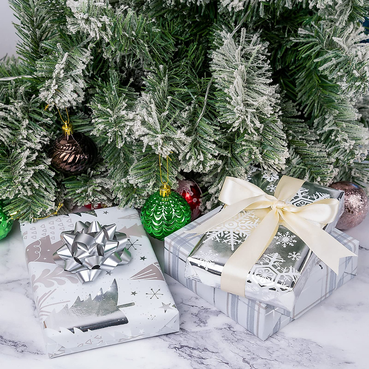 LeZakaa Christmas Wrapping Paper Mini Roll, Silver Metallic Foil Paper - Tree/Snowflake/Plaid Design for Gift Wrap, Arts Crafts - 17 x 120 inches - 3 Rolls (42.5 sq.ft.ttl.)