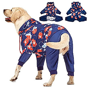 LovinPet Big Dogs Breeds Jammies, Wound Care/Post Surgery clothes, Pet Anxiety Relief for Dogs, Lightweight stretchy, Large Breed Dog Pajamas, Reflective Stripe, Floral Navy & Red Print, Pet Pj's /2XL