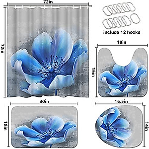 DuoBaorom 4 Pieces Set Blue Flower Shower Curtain Set Elegant Floral Picture Print on Non-Slip Rugs Toilet Lid Cover Bath Mat and Bathroom Curtain with 12 Hooks 72x72inch