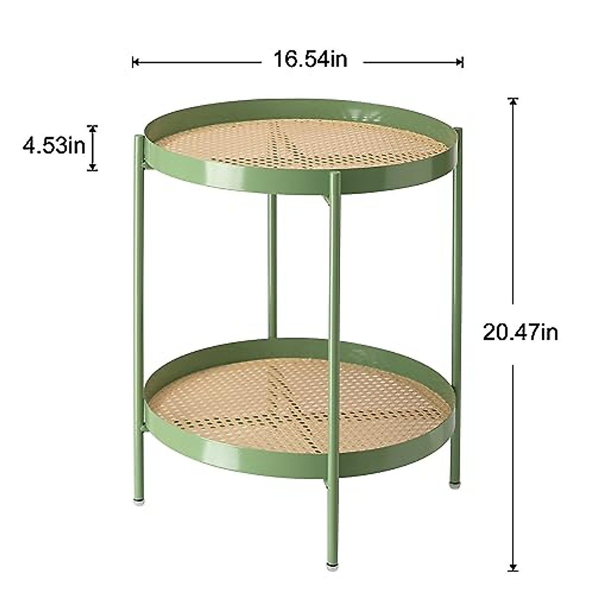 danpinera Metal Side Table, Imitation Rattan Green End Table with 2 Tier Removable Tray, Round Table for Small Spaces, Small Tables for Living Room 20.47 Inch x 16.54 Inch