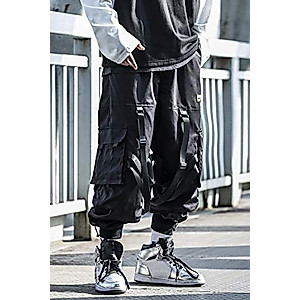 MOKEWEN Men's Multi Straps Cargo Pockets Streetwear Jogger Ankle Ninth Pants with Elastic Waist Drawstring Black W 32-33