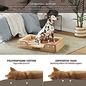 Codi Large Memory Foam Layer Dog Bed, Washable Orthopedic Dogs Beds Couch with Removable Zipper Cover, Waterproof Pet Sofa with U-Shape Bolster, Khaki, 91x68x(7.5+8.9) cm