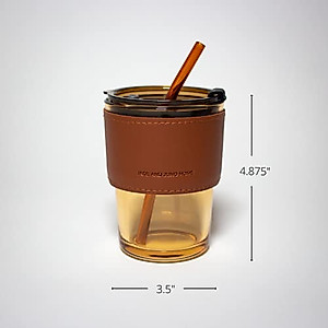 JADE AND JUNO HOME Glass Coffee Mug/Tea Cup with Glass Straw and Leakproof Lid (15oz) - Travel Friendly Cups with Heatproof Sleeves for Hot and Cold Beverages (Rich Caramel)