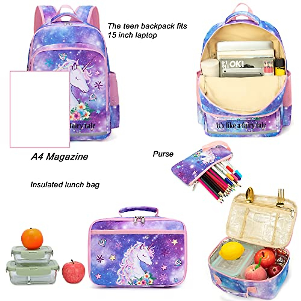 BTOOP Girls Backpack Kids Elementary Bookbag Girly School Bag with Insulated Lunch Tote and Pencil Pouch (Galaxy- Purpel Blue)