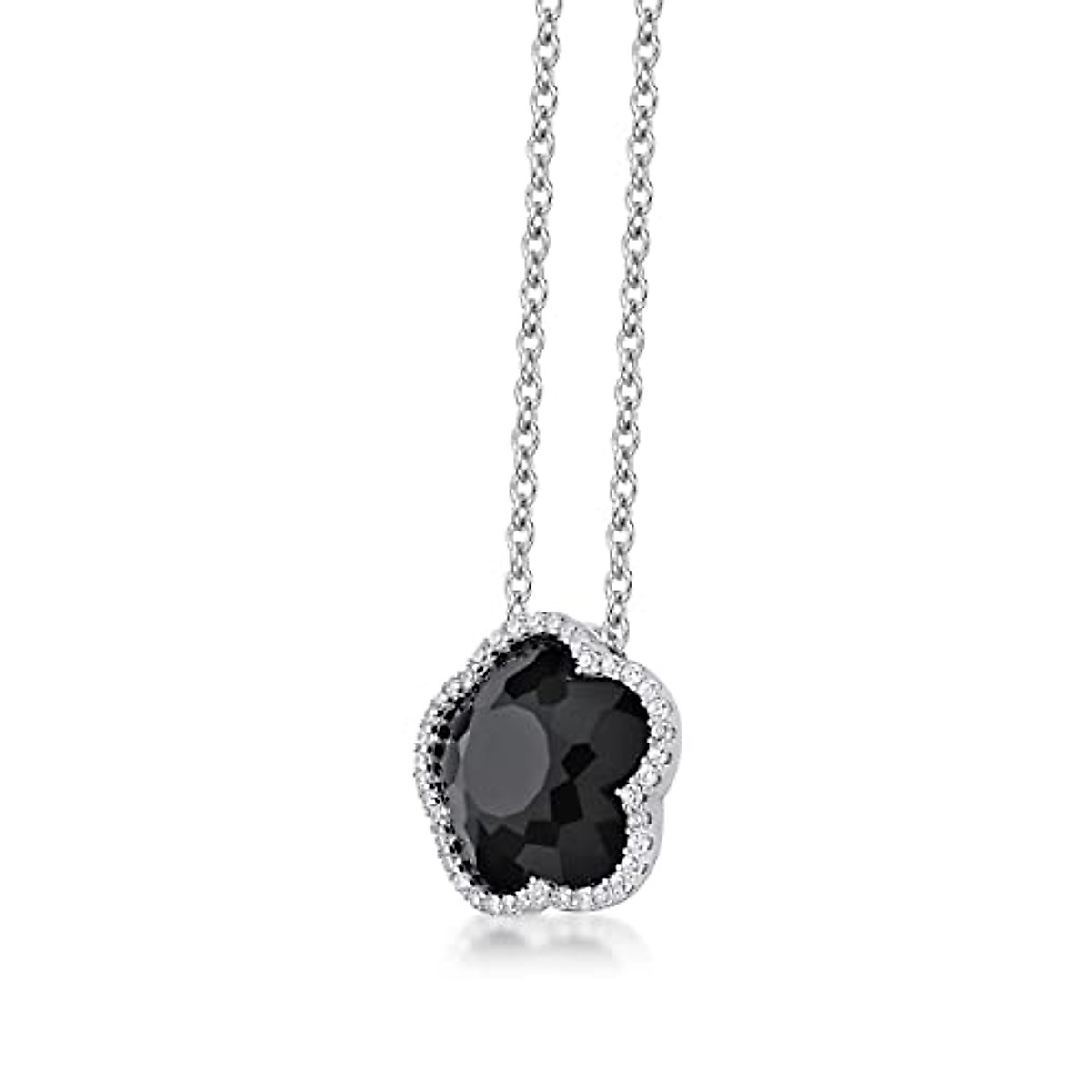 Lavari Jewelers Five Petal Flower Pendant Necklace for Women - Black Onyx & Cubic Zirconia in 925 Sterling Silver - 18 Inch Chain Necklace - Hypoallergenic Rhodium Plated - Spring Ring Clasp