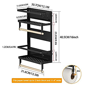 Magnetic Spice Rack,4 Tier Kitchen Magnetic Shelf for Refrigerator Fridge Organizer with 2 Paper Towel Holders and 5 Removable Hooks,Matte Black