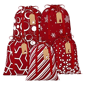 Aneco 5 Pieces Red and White Christmas Bags Xmas Cotton Fabric Drawstring Bags with 24 Pieces Kraft Paper Tags for Storing Christmas Gifts Parties, 5 Styles, 2 Sizes