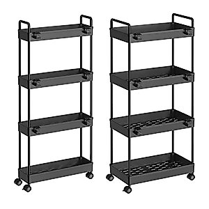2 Pack 4 Tier Slim Storage Cart, Bathroom Organizer Laundry Room Organization Mobile Shelving Unit Slide Out Utility Rolling Rack with Wheels for Kitchen Garage Office Small Apartment Narrow Space