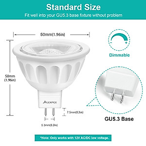 ALEXPEX Dimmable MR16 LED Bulbs, 5000K Daylight 500LM Bright(50W Equivalent), 40-Degree, AC/DC 12V GU5.3 Bi-Pin Base Bulbs for Indoor/Outdoor Landscape Spotlight Track Recessed Lighting, 10 Pack
