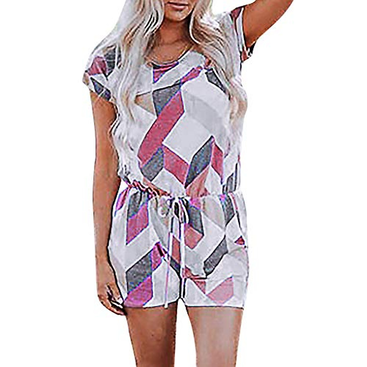 Women's Summer Short Sleeve Romper Mitiy Geometry Printing Casual Rompers with Pockets Loose Jumpsuits