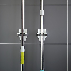 JELLYSUB Broom and Mop Grippers, 4 Broom Holders, 16 Removable Adhesive Strips, No Tools Household Cleaning Supplies Organizer, Damage Free Broom Holder Wall Mount