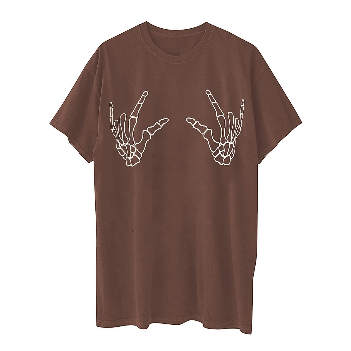 Avanova Women Skull Print Graphic Oversized Tees Vintage Skeleton Hands Loose Fit T Shirt Brown Small