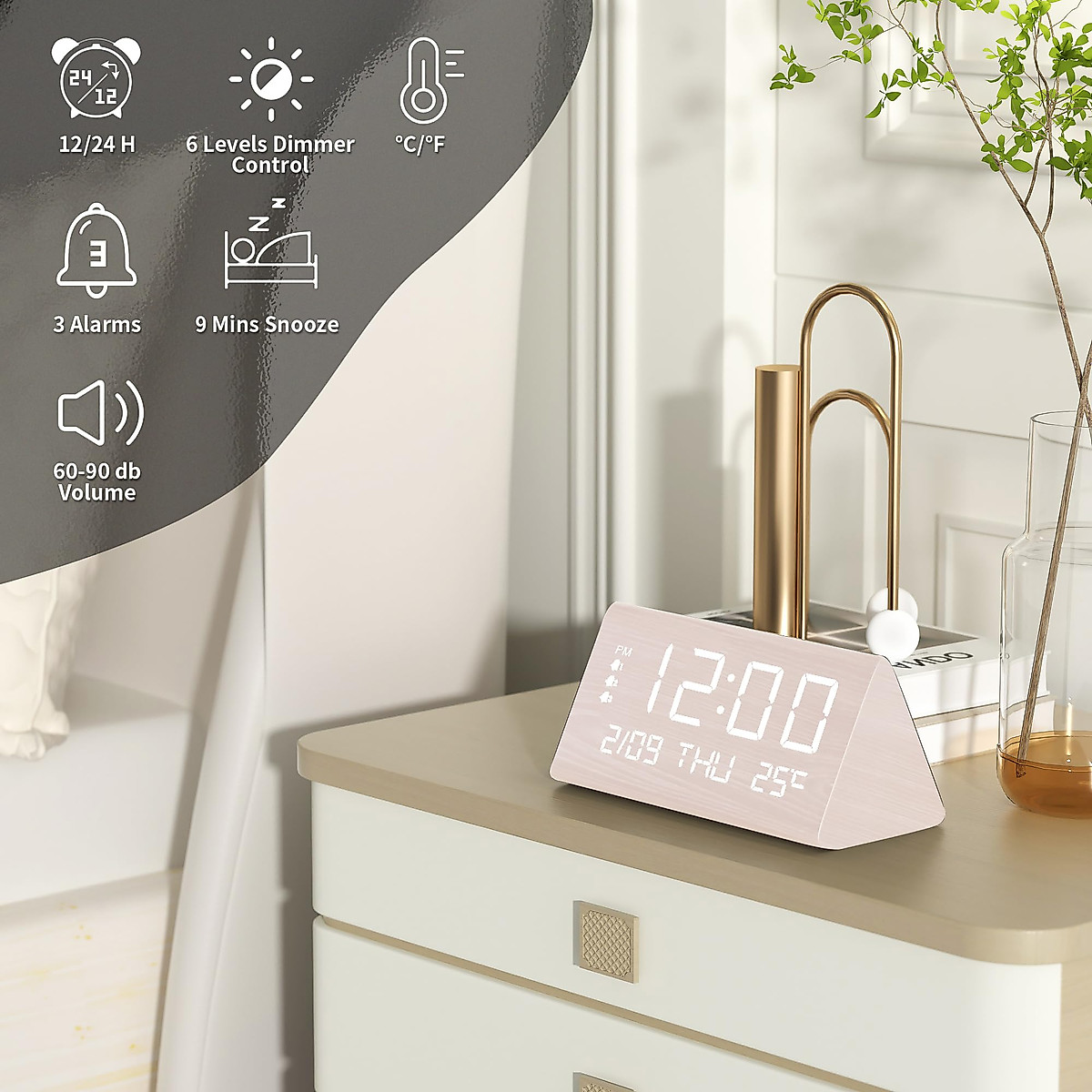 JALL Digital Alarm Clock, with Wooden Electronic LED Time Display, 3 Alarm Settings, Weekday/Weekend Mode, Temperature Detect, Wood Made Electric Clocks for Office, Bedroom, Bedside
