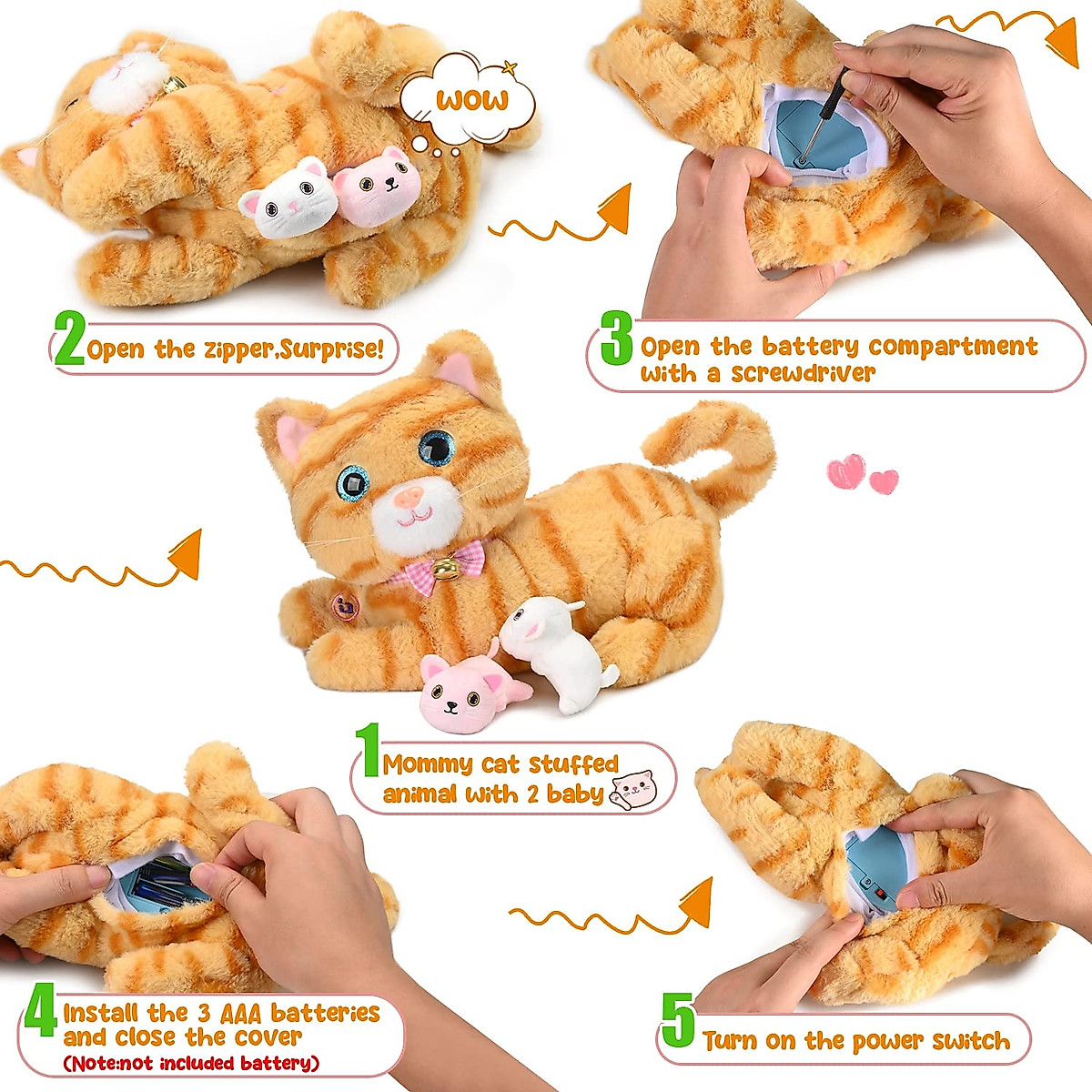 Electronic Cat Stuffed Animals Toys for Ages 3 4 5 6 7 8+ Years Old Kids - Mommy Cat with 2 Baby Kitty in Her Tummy, Idea Xmas Birthday Gifts for Baby, Toddler, Girls, Boys (Yellow)