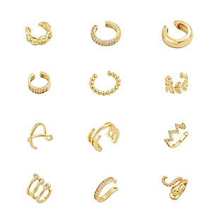 ALYXUY Gold Ear Cuff Non Piercing For Women, 14K Gold Plated Hypoallergenic Huggie Cross Ear Cuff Earrings（12pcs) (KC010-2)