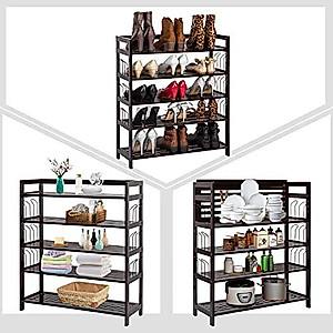 Kinsuite Shoe Rack Organizer 5-Tier Bamboo Shoe Shelf Free Standing Adjustable Shelves with 12 Hooks for Entryway Closet Bedroom, Dark Brown