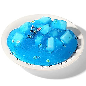 2 Packs Jelly Cube Crunchy Slime Kit,Non Sticky,Super Soft Sludge Toy,Birthday Gifts for Kids,DIY Crystal Glue Boba Slime Party Favor for Girls & Boys(Blue,Yellow)