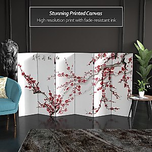 Red Lantern 4 ft. Short Double Sided Plum Blossom Canvas Folding Screen 6 Panel Freestanding Partition and Separator for Modern and Contemporary Bedroom, Home Office, Studio, Dorm, Apartment