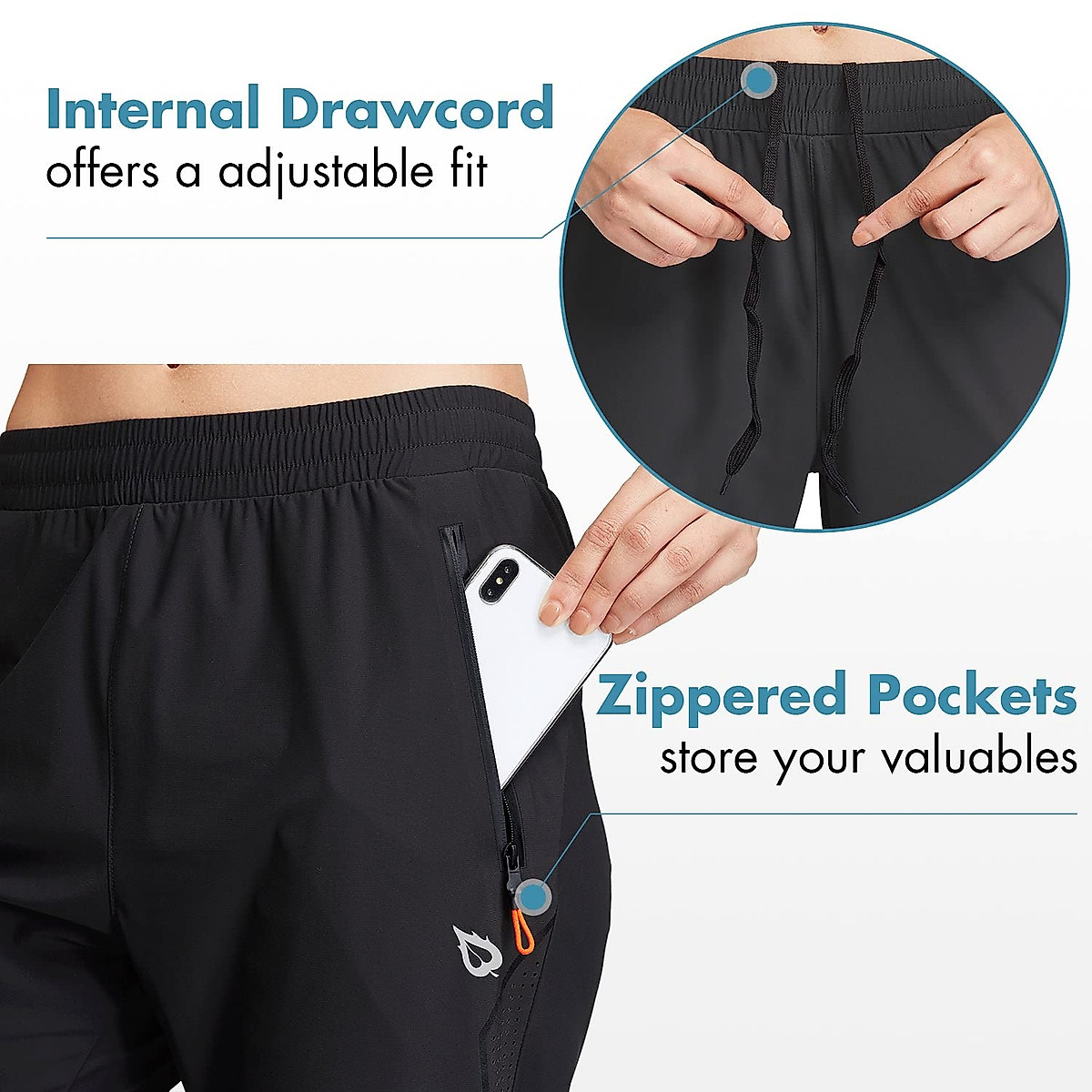 BALEAF Hiking Pants Women Joggers Workout Athletic Lightweight Running Travel Track Pants Quick Dry 2 Zipper Pockets Black L